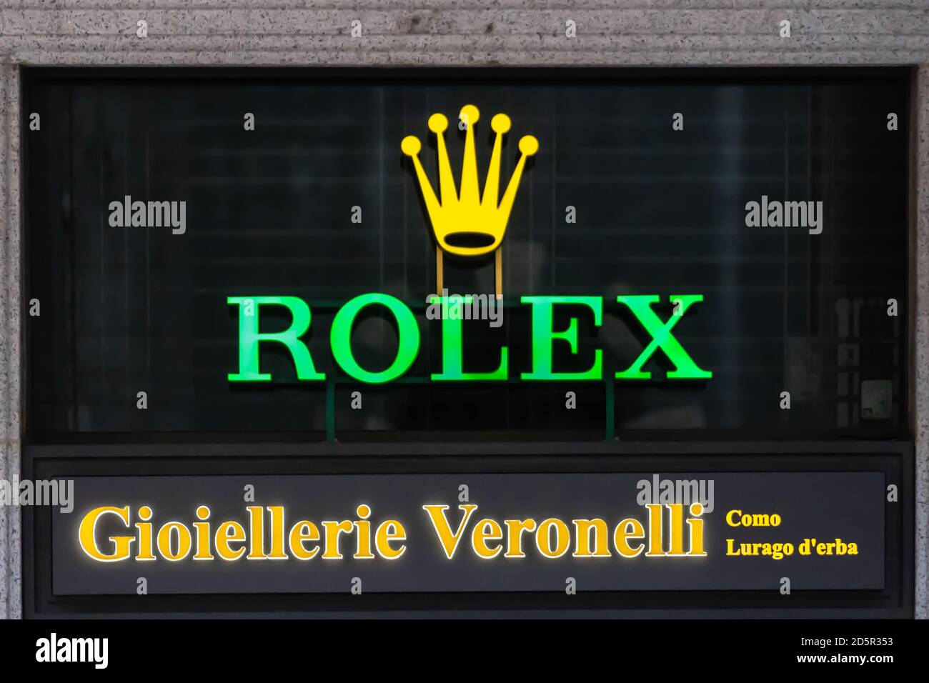 Rolex brand logo sign on a store exterior. Rolex is a Swiss luxury ...