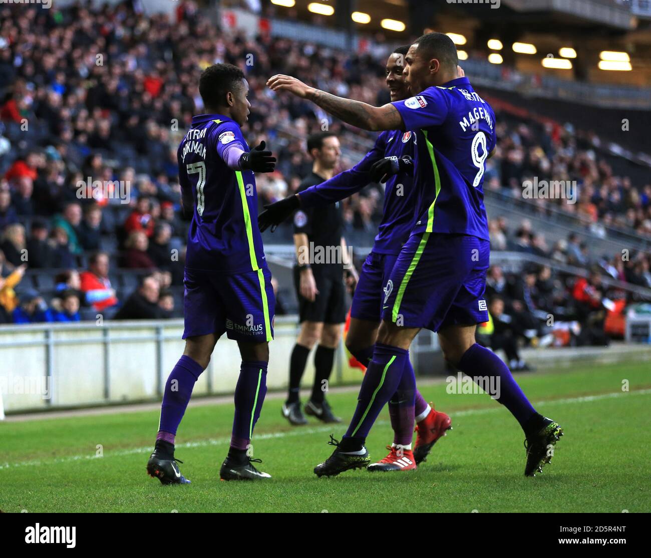 Charlton Athletic's Ademola Lookman (left) celebrates scoring his side ...