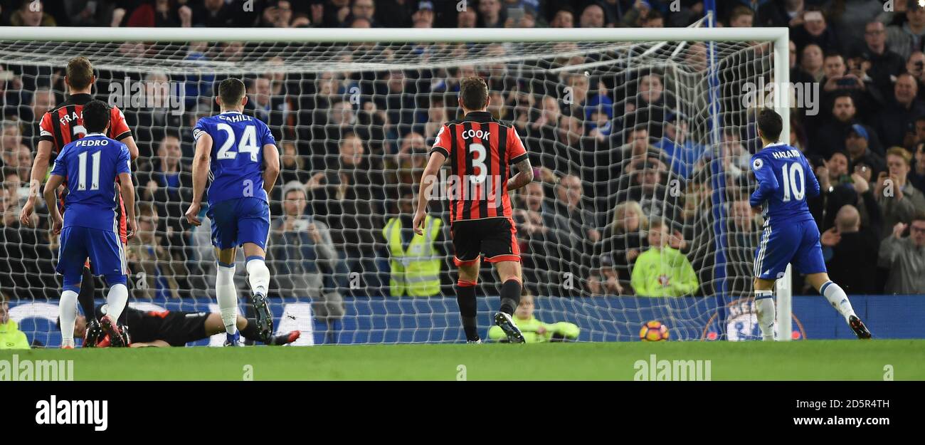 Chelsea's Eden Hazard (right) scores their second goal from the penalty ...