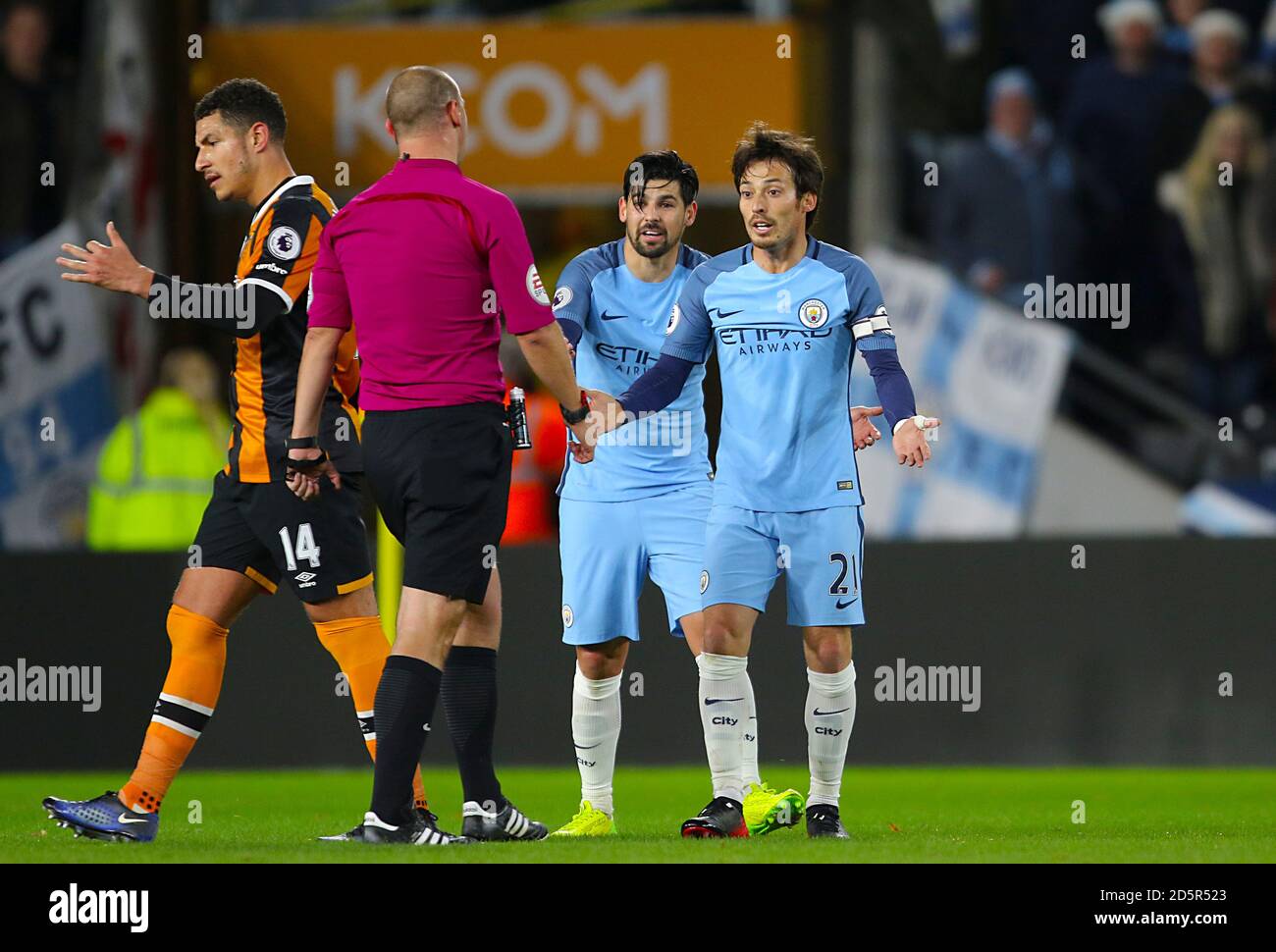 Manchester City's David Silva appeals to referee Robert Madley Stock ...