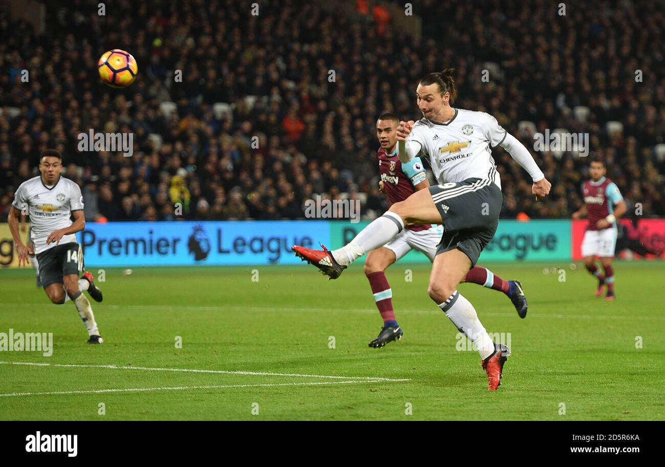 Manchester United's Zlatan Ibrahimovic has a shot on goal Stock Photo ...