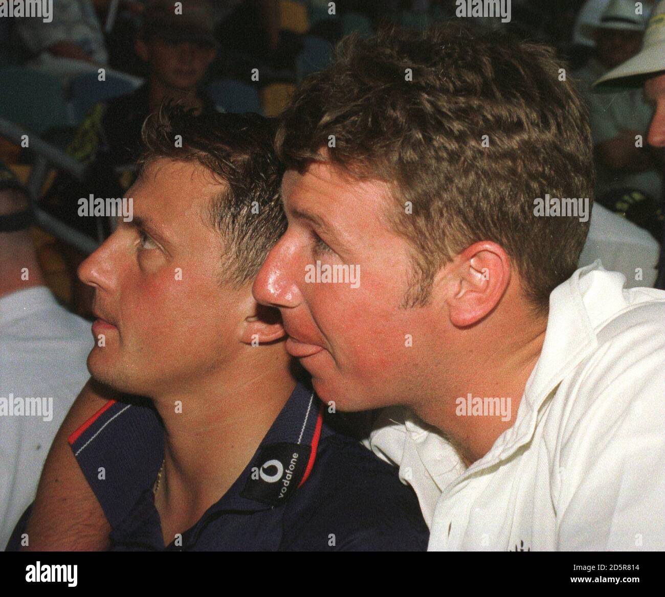 England's Darren Gough, left and Robert Croft together after rain ...