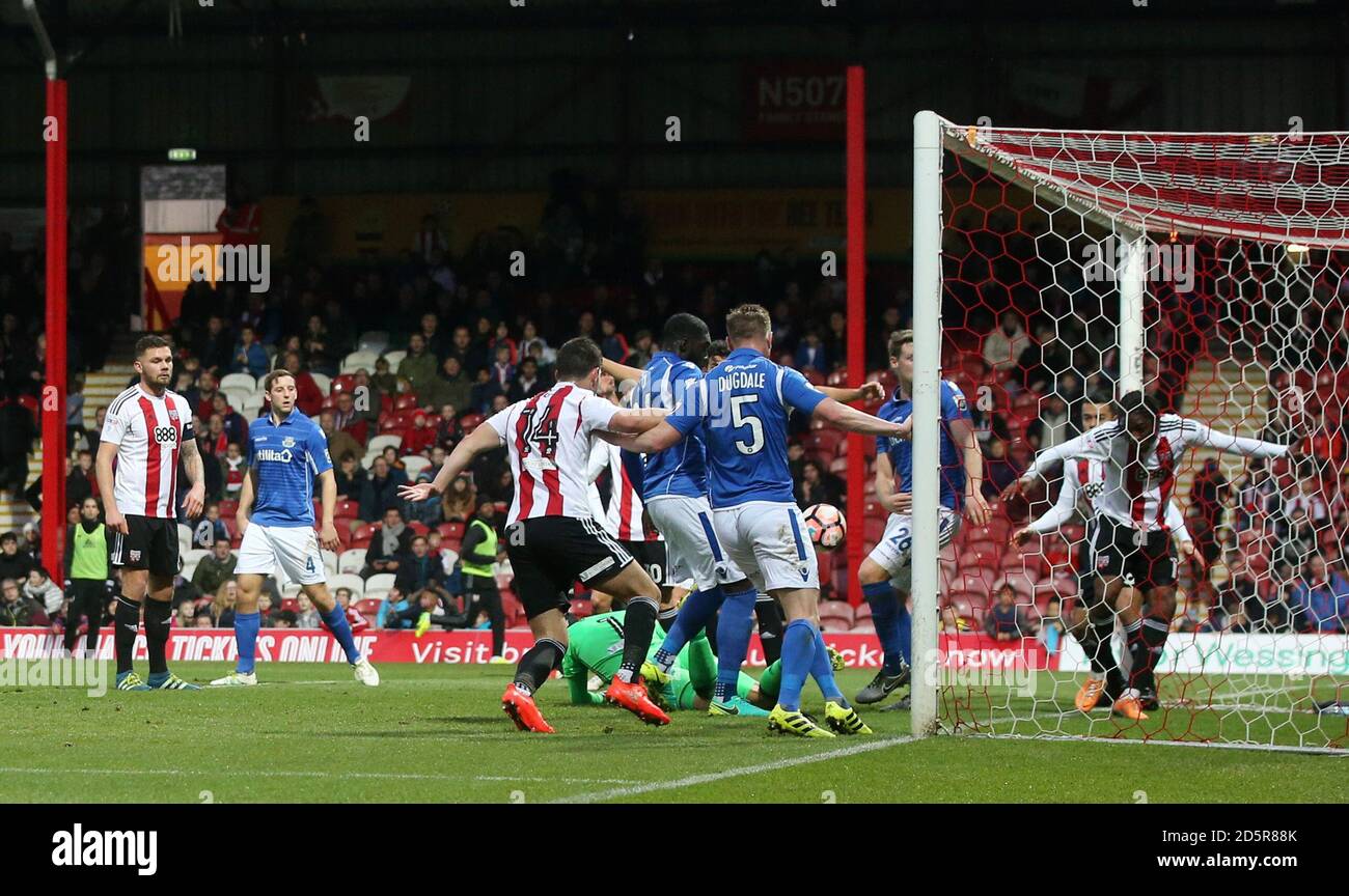 Eastleigh's Ayo Obileye scores their first goal Stock Photo - Alamy