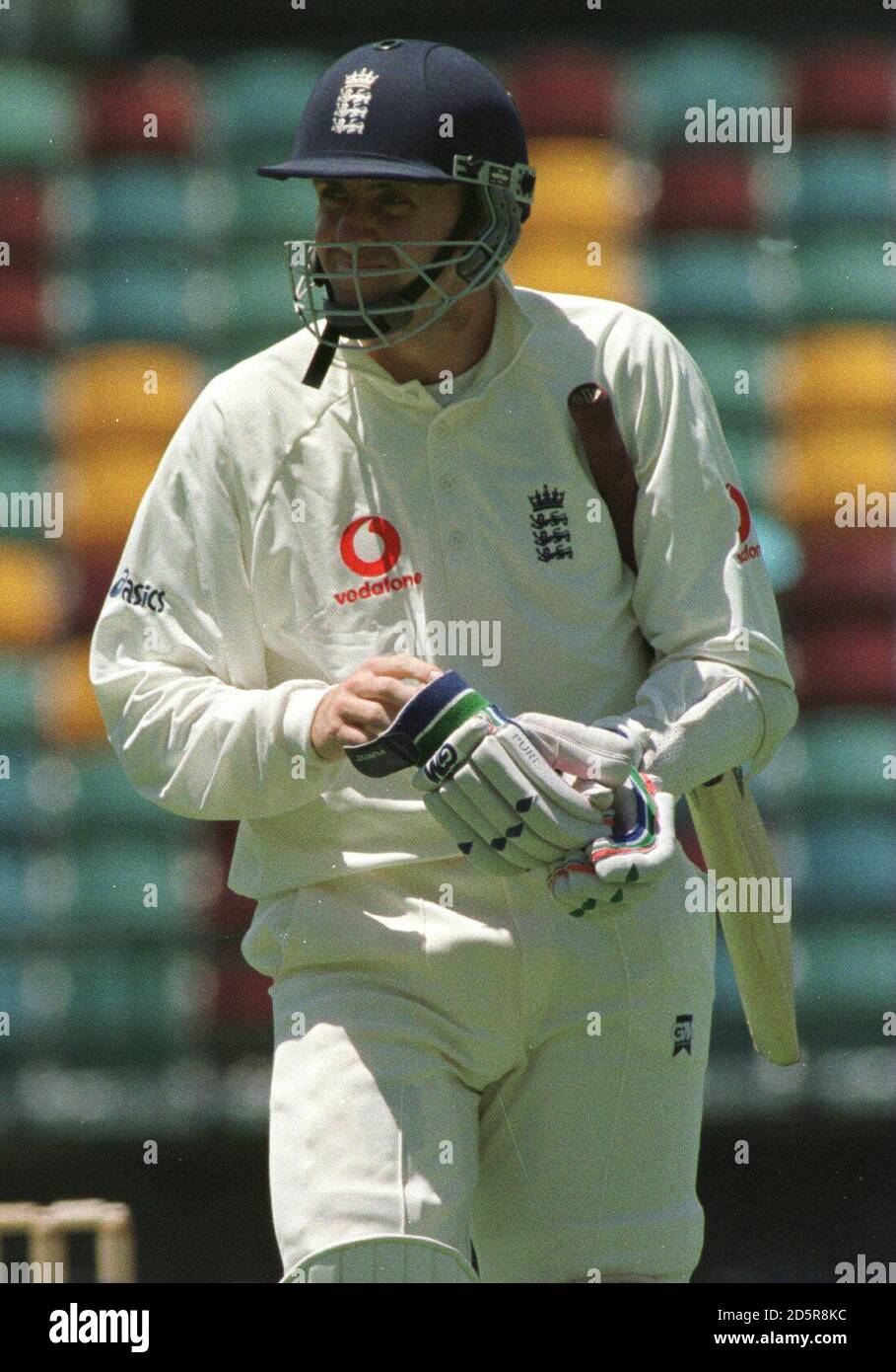 England's Dominic Cork walks going for a duck by Australia's Glen ...