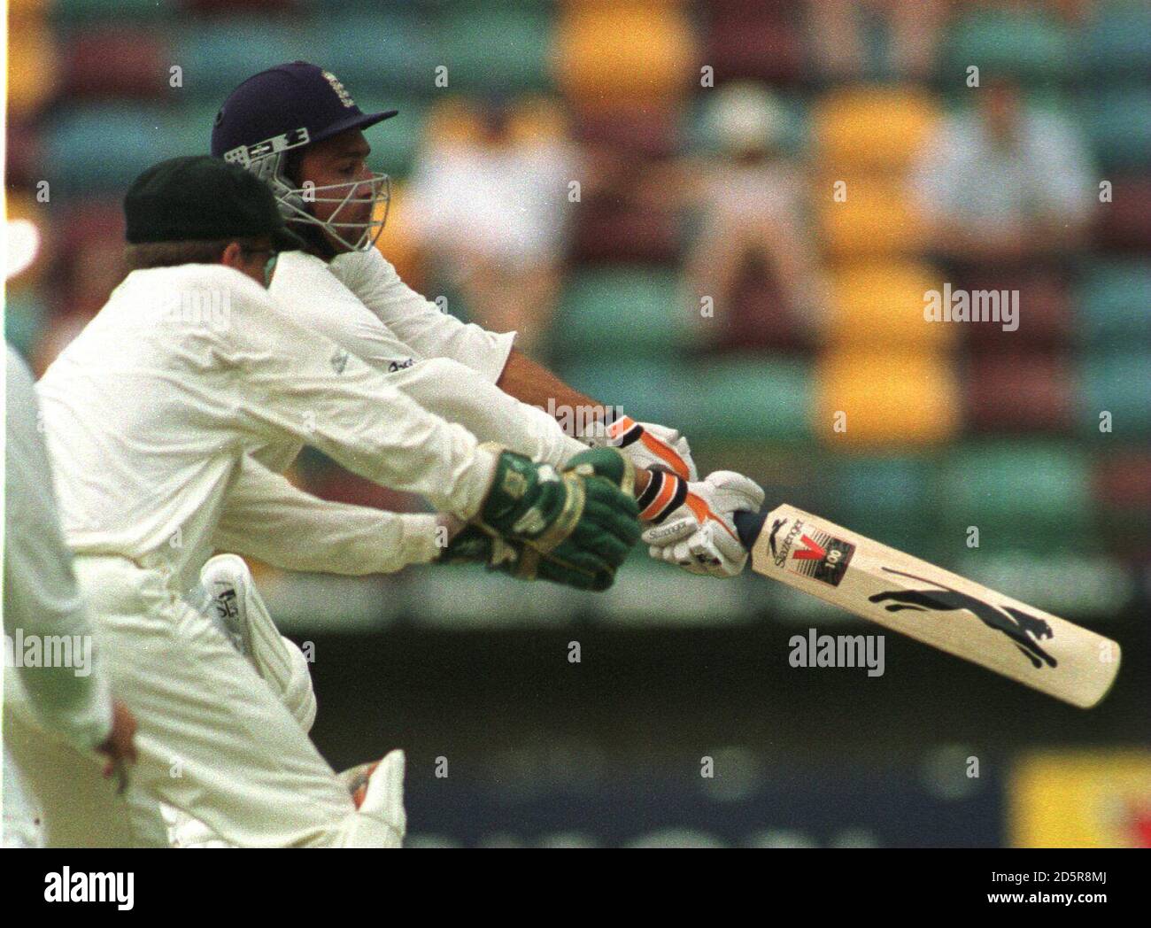 England's Mark ramprakash stretches infront of Australia's Ian Healy ...