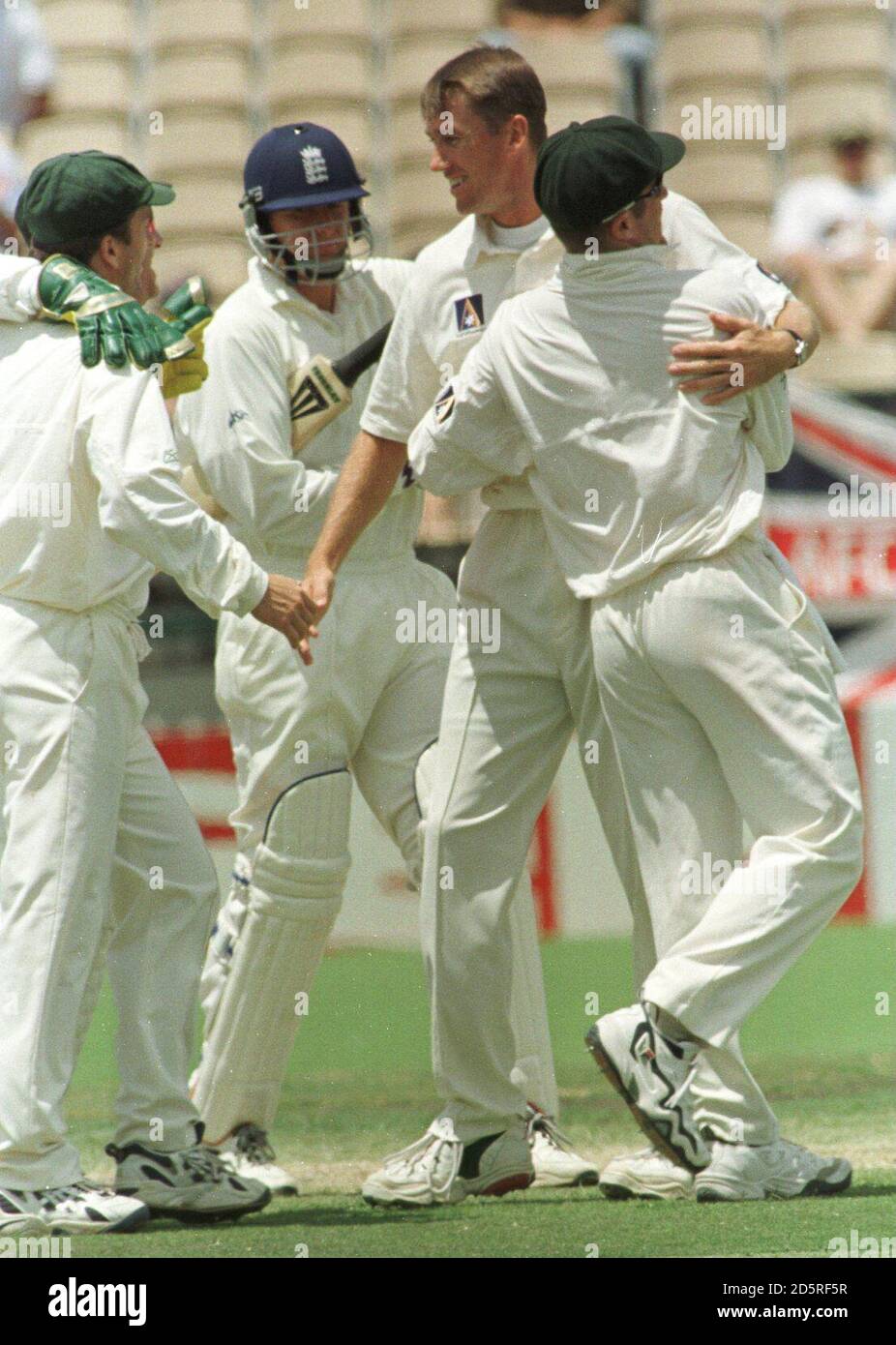 Australia's Glenn McGrath celebrates the final England wicket of Peter ...