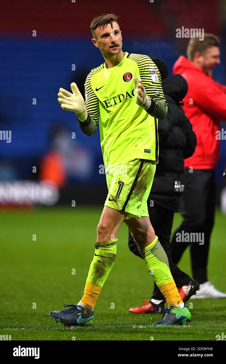 Charlton Athletic goalkeeper Declan Rudd acknowledges the travelling ...