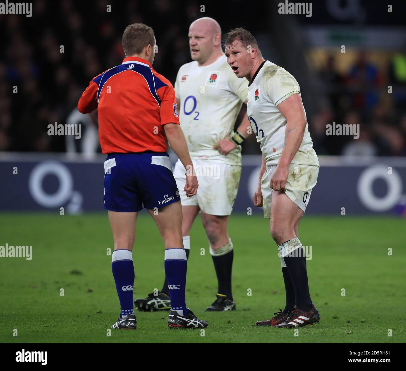 England's captain Dylan Hartly speaks with referee Angus Gardner Stock ...