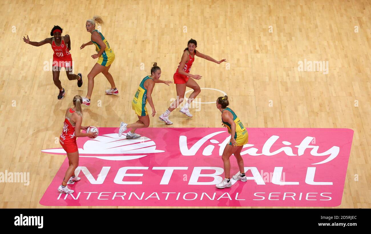 (In red, L-R) England's Ama Agbeze, Chelsea Pitman and Beth Cobden in ...