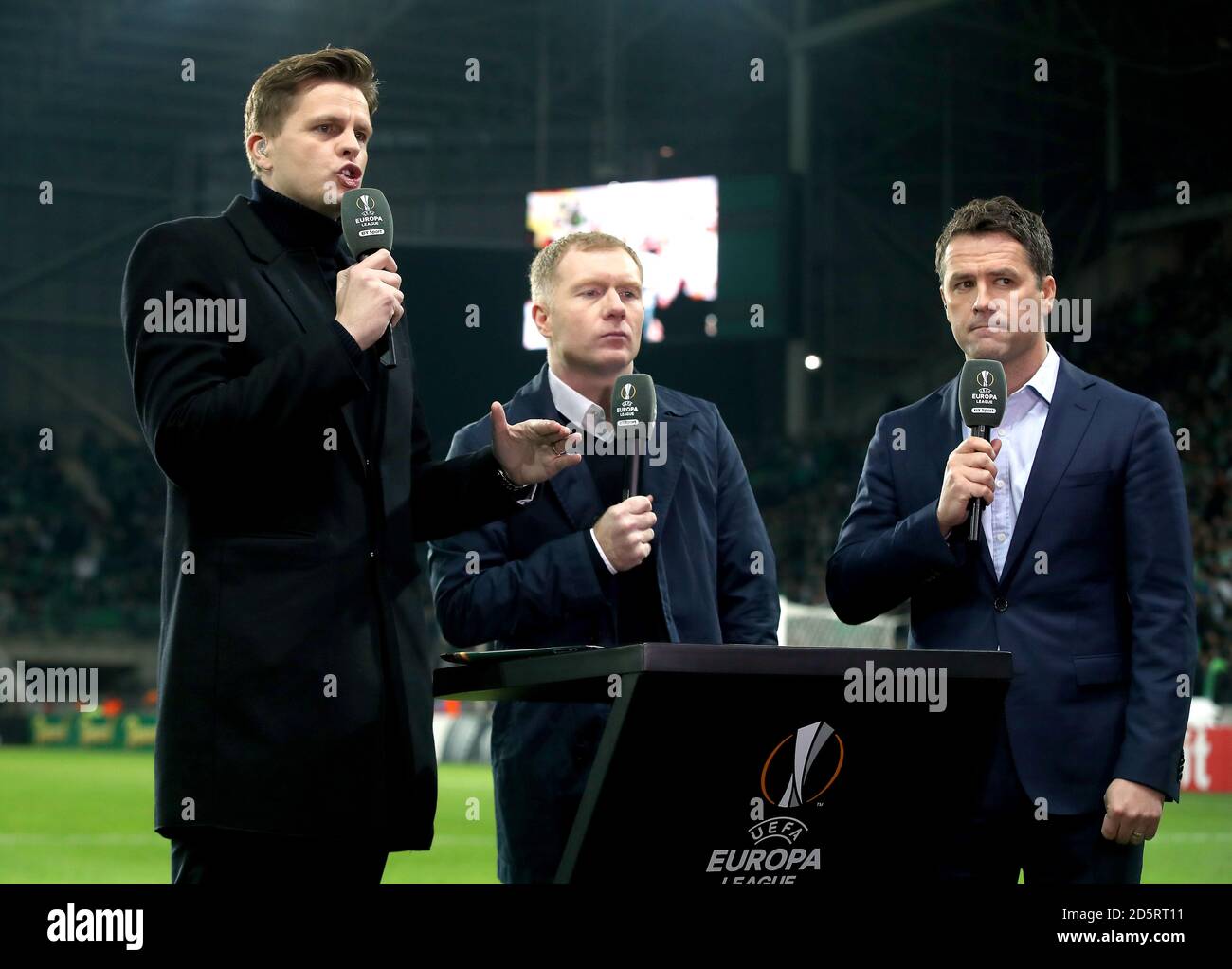 BT Sport presenters Jake Humphrey (left), Paul Scholes (centre) and ...