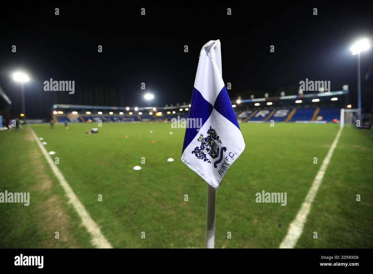 A general view of the pitch from the corner flag at Gigg Lane Stock ...