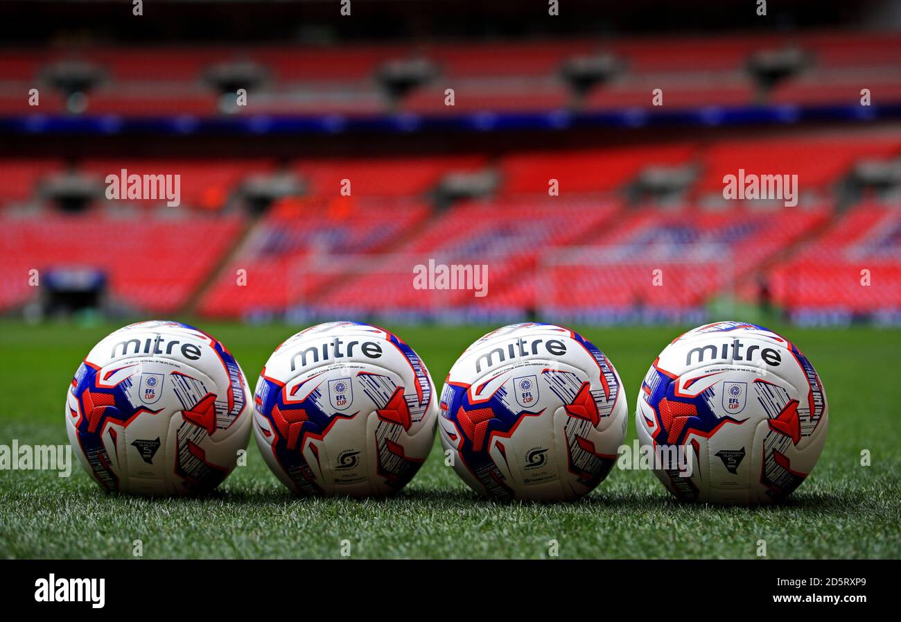 A general view of a MITRE matchballs being used for the EFL Cup Final ...