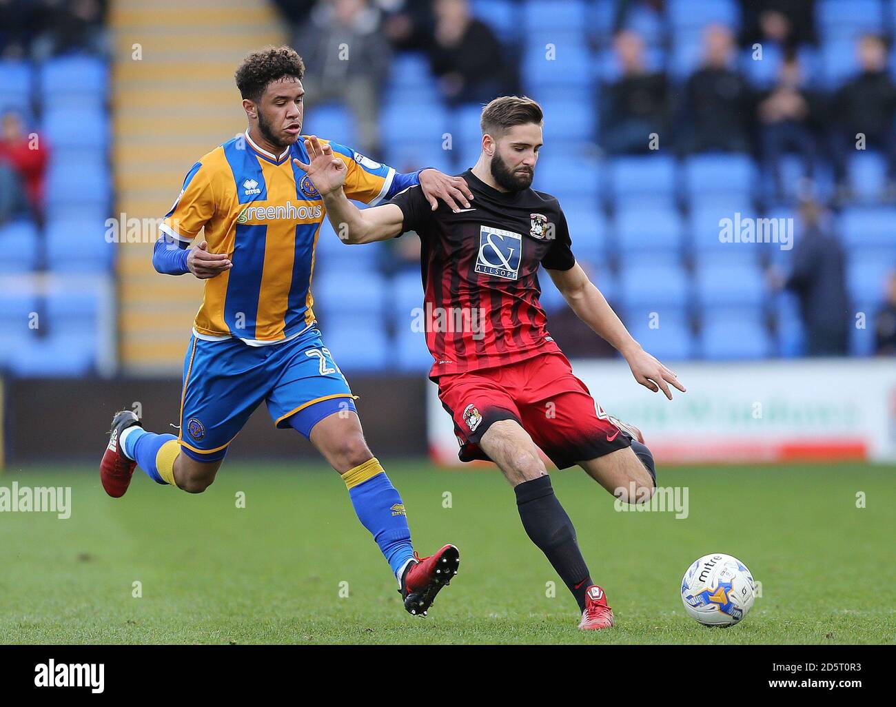 Shrewsbury Town's Tyler Roberts and Coventry City's Jordan Turnbull ...