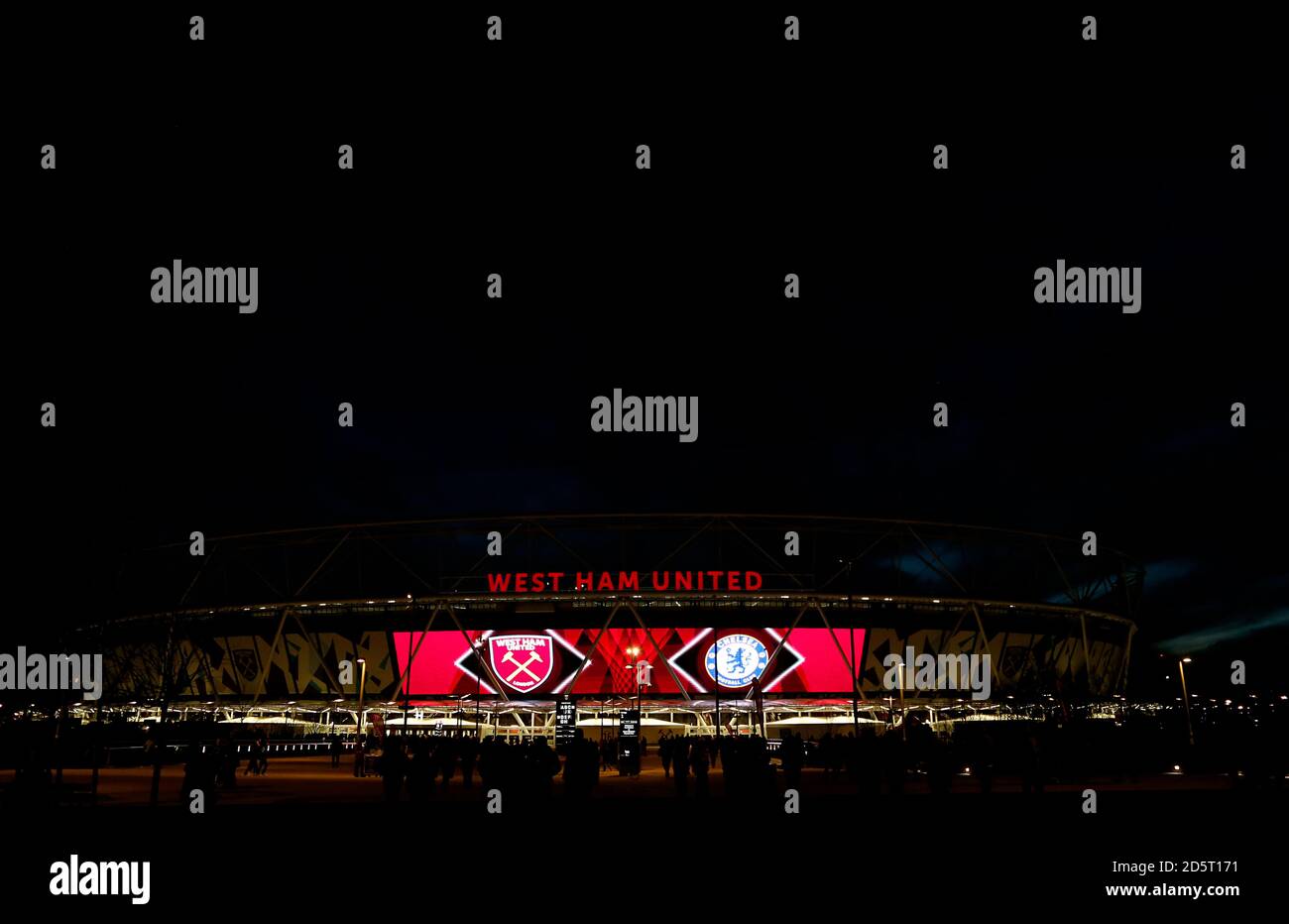 General view of West Ham United signage lit up at the London Stadium ...