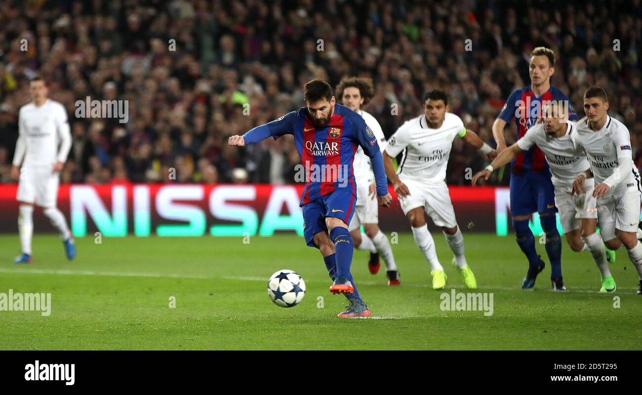 Barcelona's Lionel Messi scores his side's third goal of the game from ...