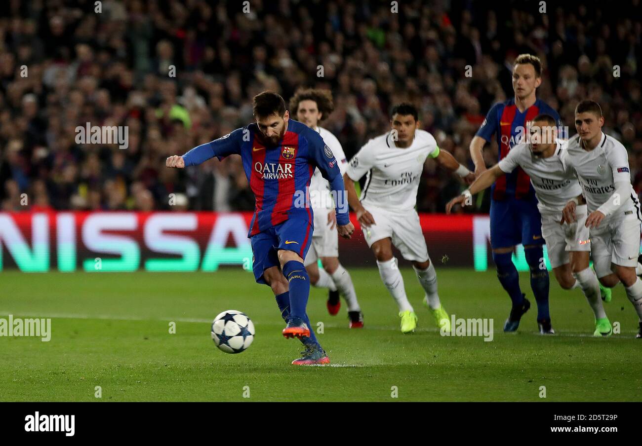 Barcelona's Lionel Messi scores his side's third goal of the game from ...
