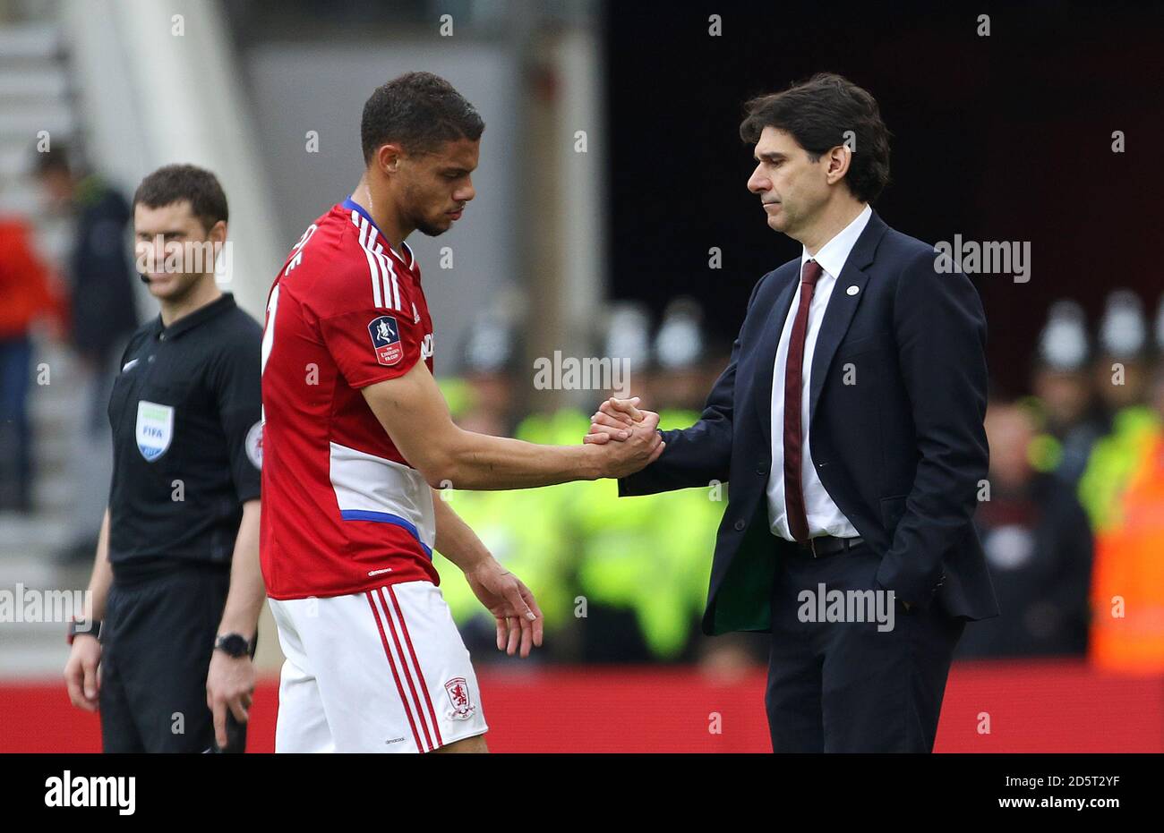 Middlesbrough's Rudy Gestede shakes hands with manager Aitor Karanka as ...