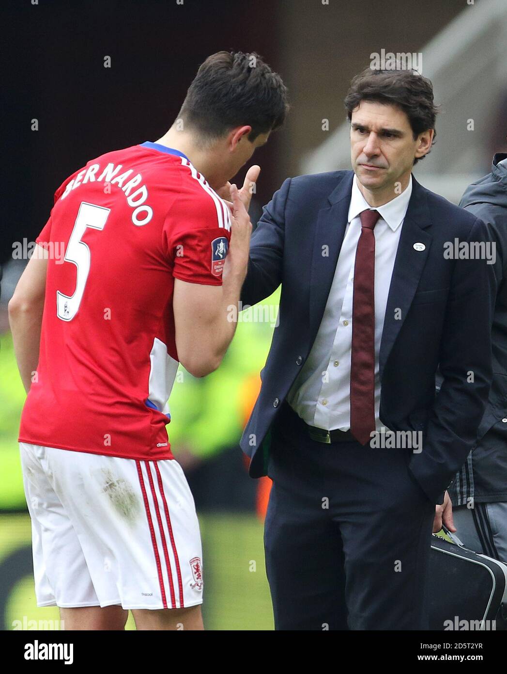 Middlesbrough's Bernardo Espinosa speaks with manager Aitor Karanka as ...
