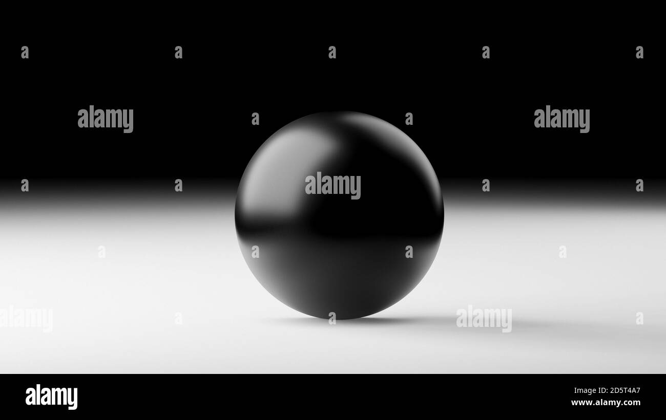 Black 3D ball, sphere or globe on white plane and dark background ...