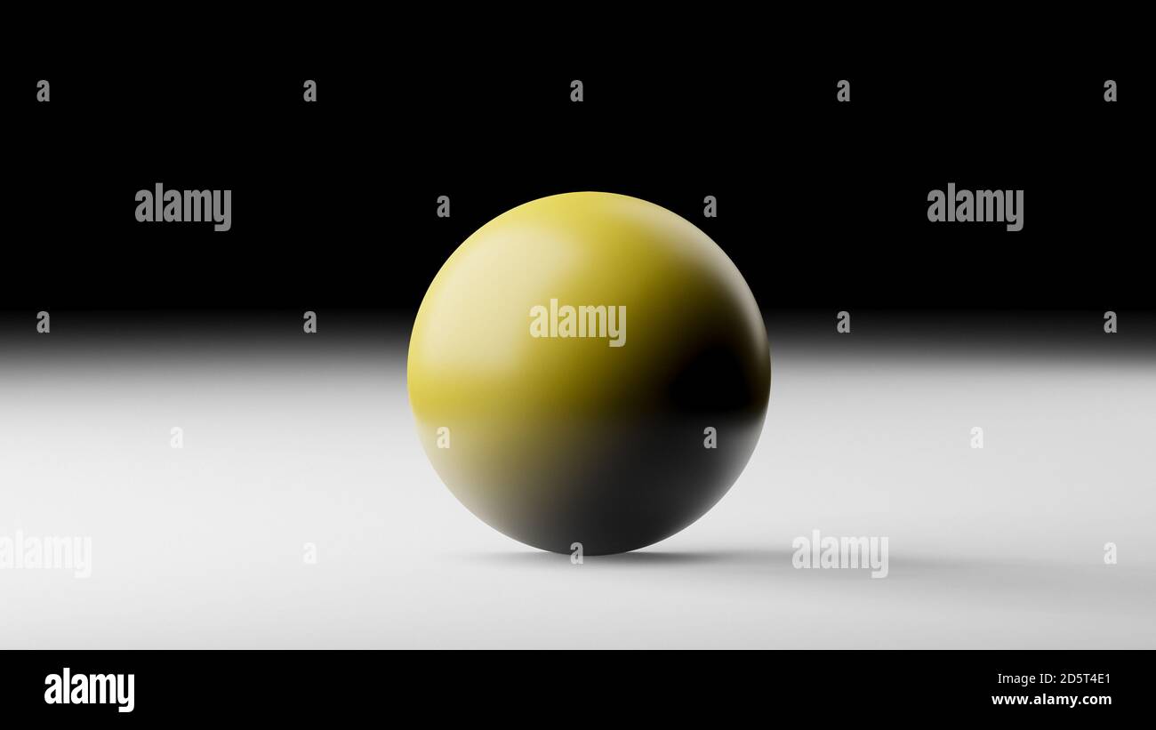 Yellow 3D ball, sphere or globe on white plane and dark background ...