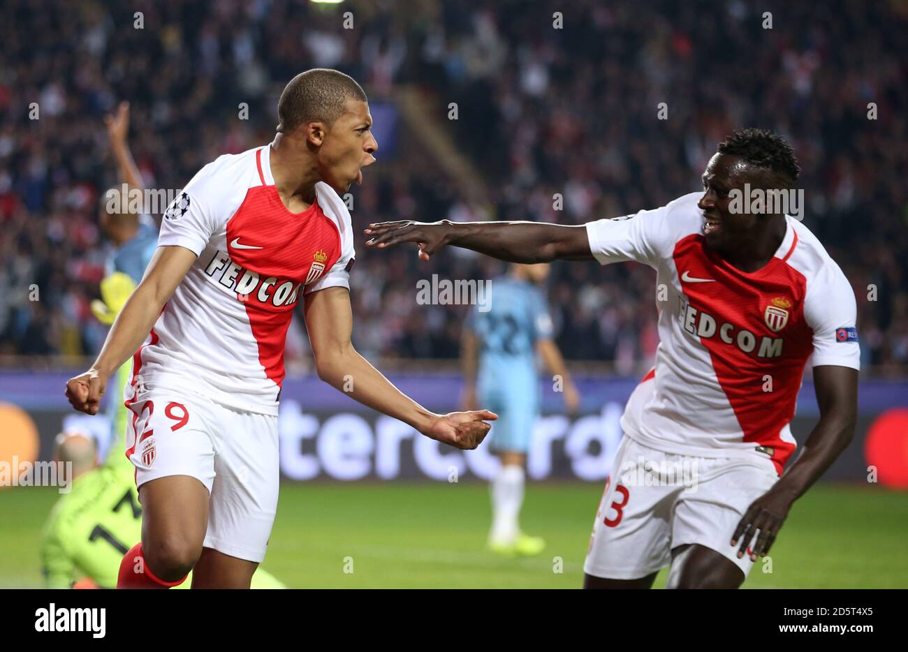 AS Monaco's Kylian Mbappe-Lottin (left) celebrates scoring his side's ...