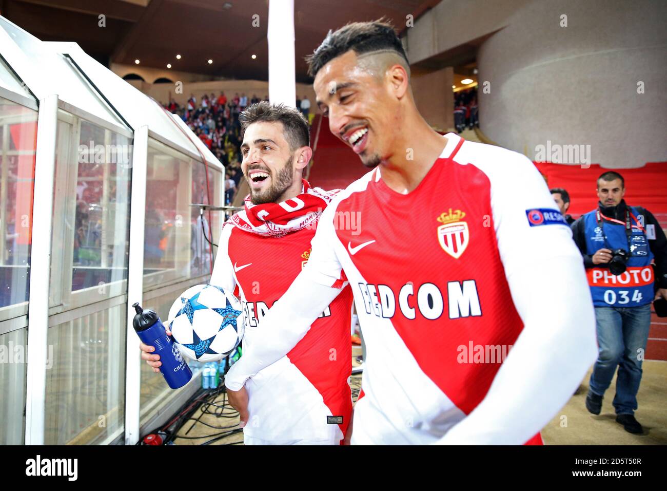 AS Monaco's Mota Bernardo Silva (left) and Nabil Dirar celebrate after the final whistle Stock ...