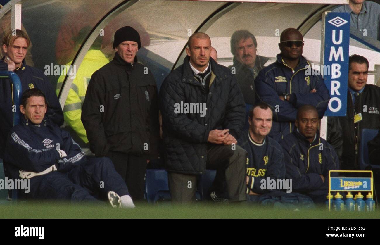 Chelsea's management team of Graham Rix and Gianluca Vialli watch the ...