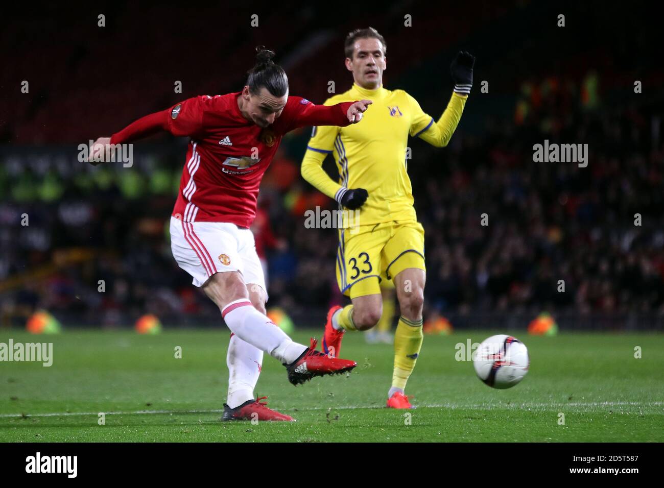 Manchester United's Zlatan Ibrahimovic hits a shot towards goal Stock ...