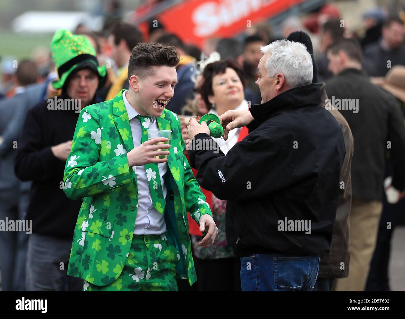 A racegoer wearing an Irish themed suit during Gold Cup Day of the 2017 ...