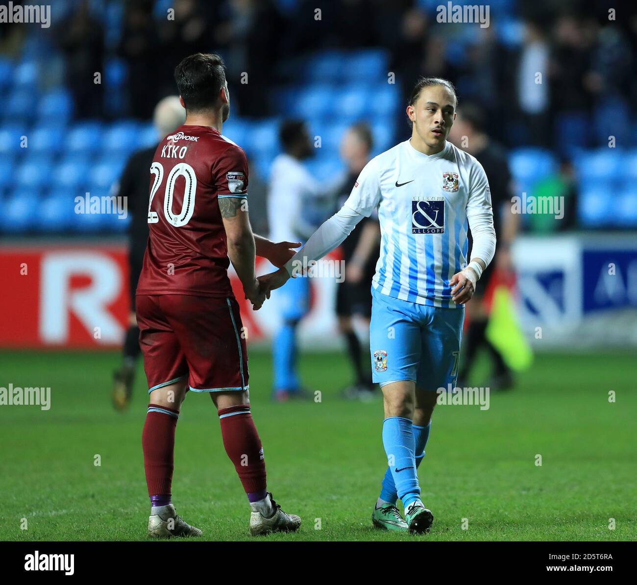 Coventry City's Jodi Jones (right) greets Port Vale's Kiko after the ...