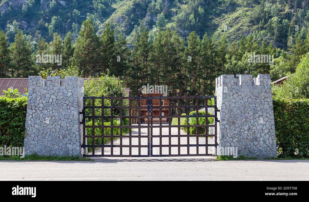 Stylized entrance to the recreation center through the castle gate with ...