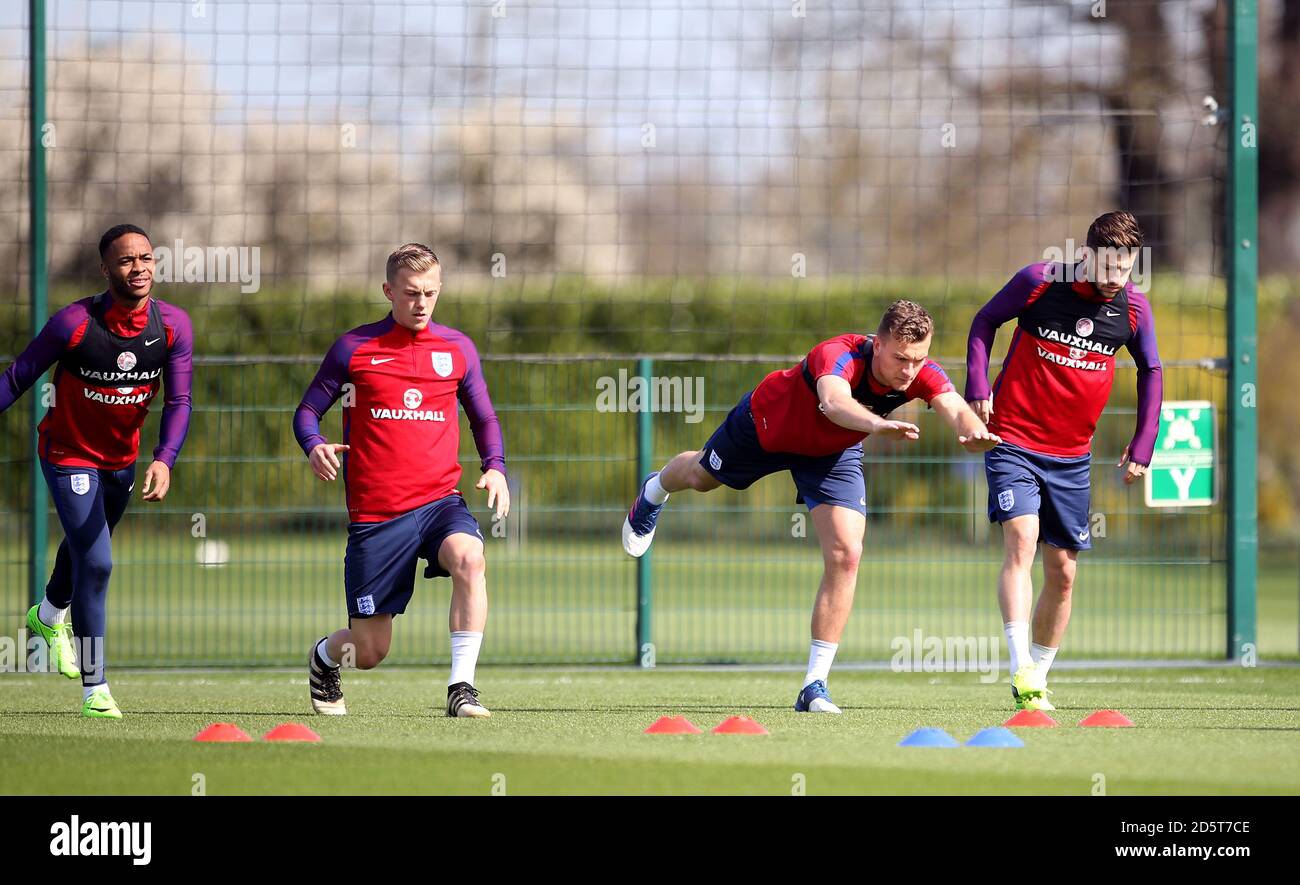 England's (left-right) Raheem Sterling, James Ward-Prowse, Ben Gibson ...