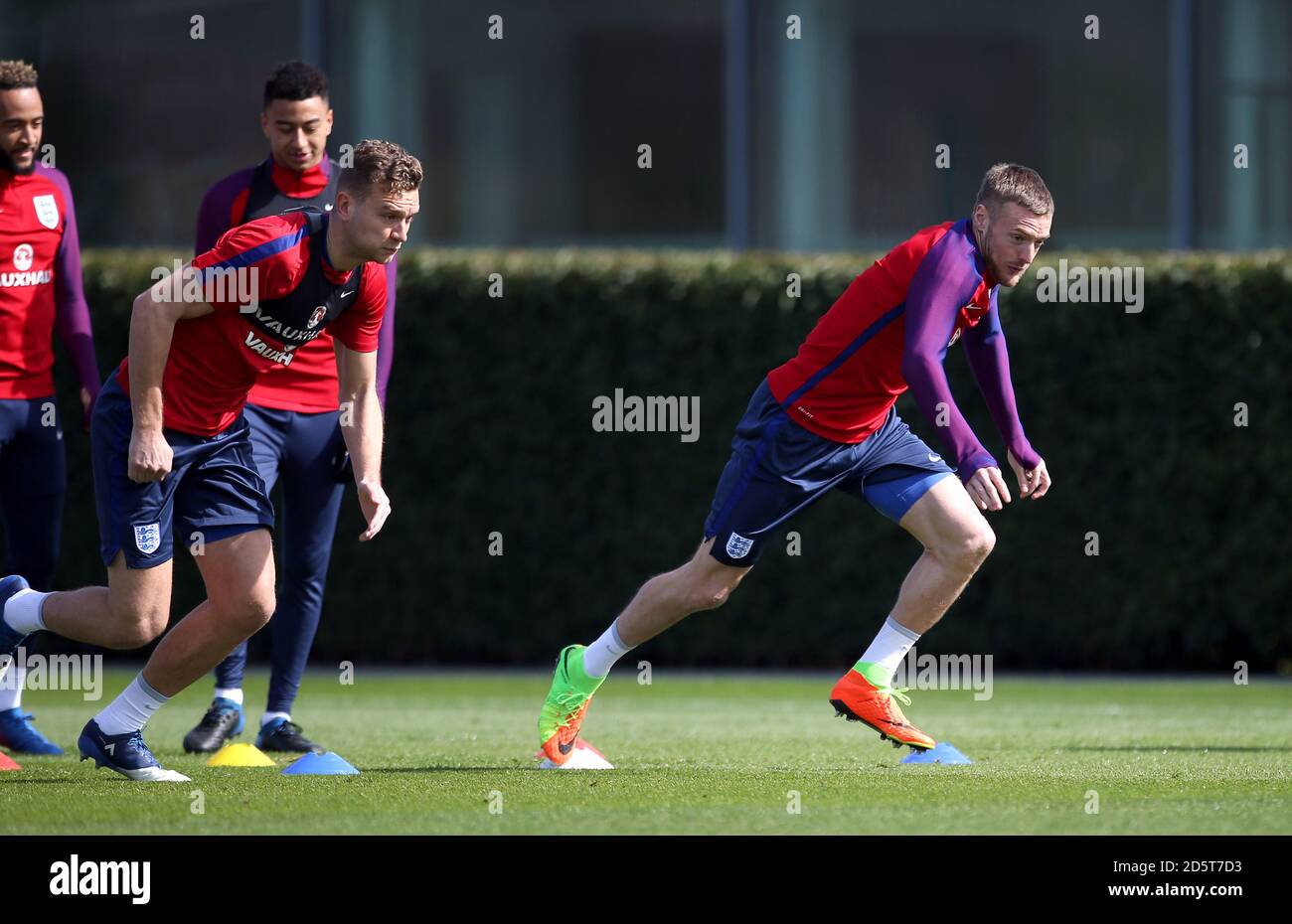 England's Ben Gibson (left) and Jamie Vardy at Enfield Training Ground ...