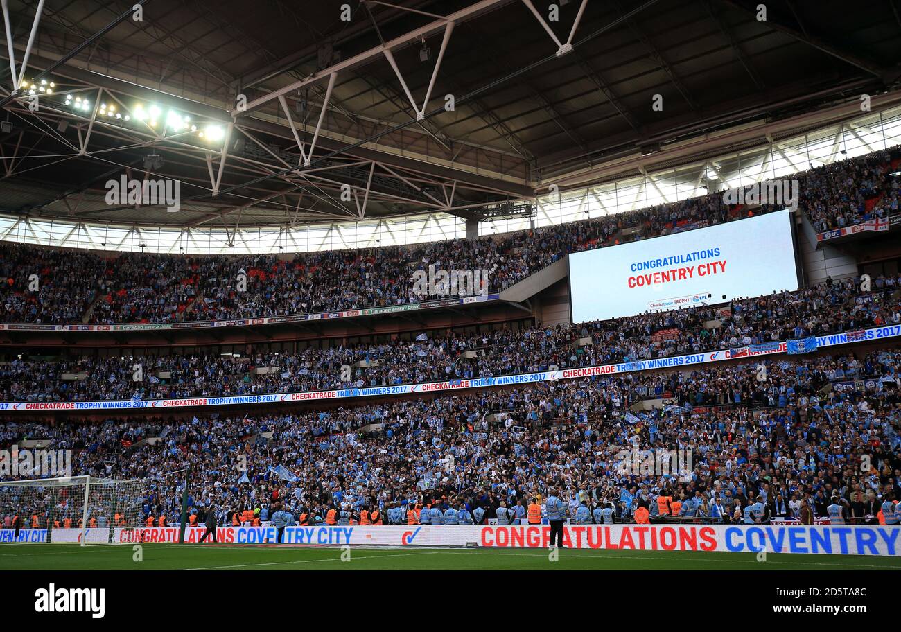 A general view as the big screen at Wembley Stadium congratulates ...