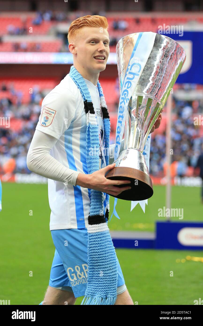 Coventry City's Ryan Haynes celebrates with the Checkatrade Trophy ...
