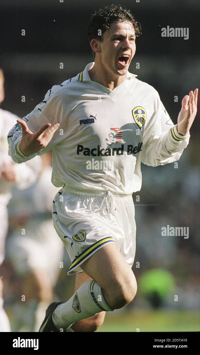 Leeds United's Ian Harte celebrates after scoring an excellent free ...