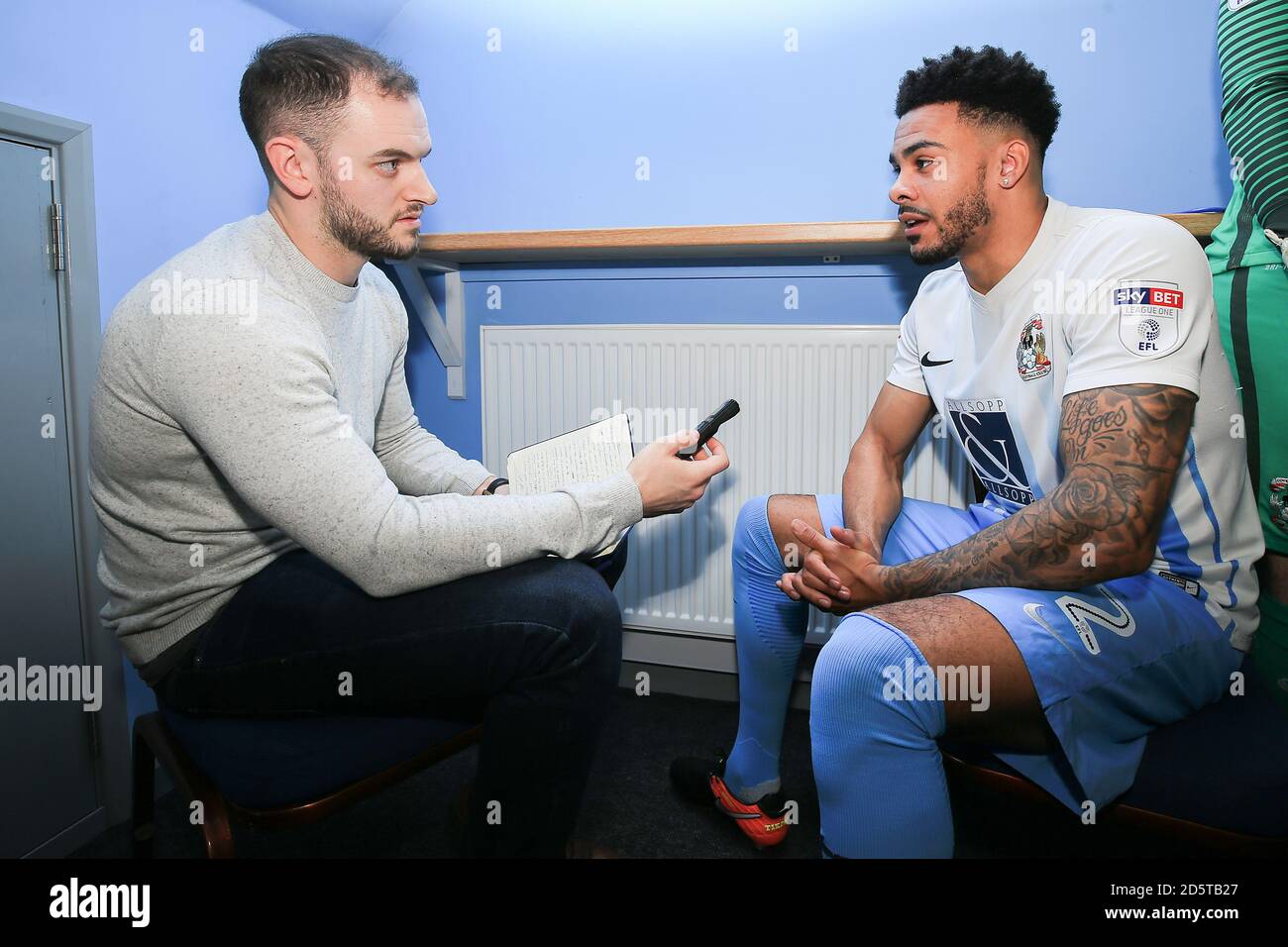 Coventry City's Jordan Willis is interviewed prior to the Checkatrade ...