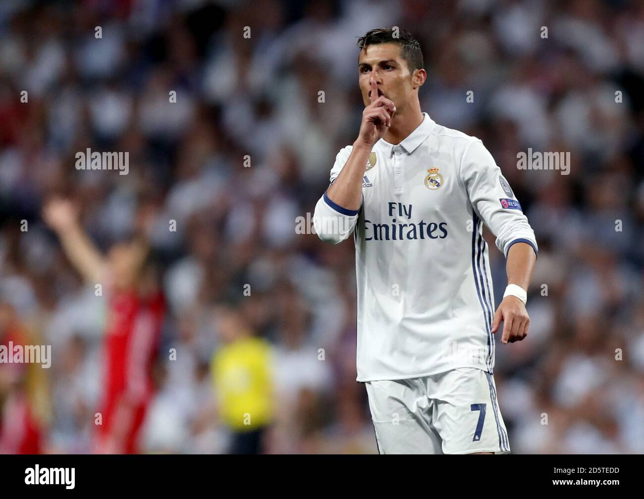 Real Madrid's Cristiano Ronaldo gestures for the crowd to be quiet ...