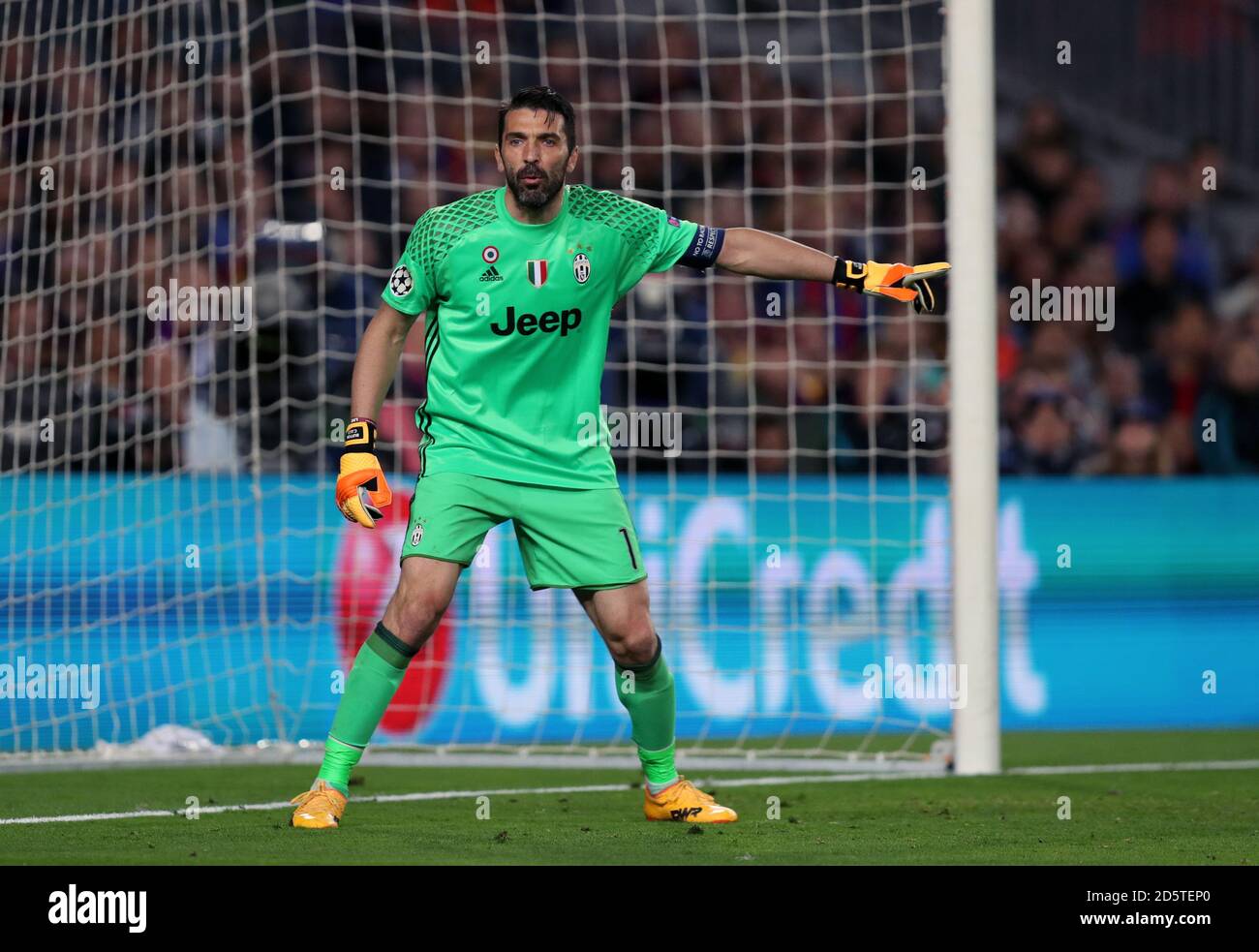 Juventus goalkeeper Gianluigi Buffon gestures on the goal line Stock ...