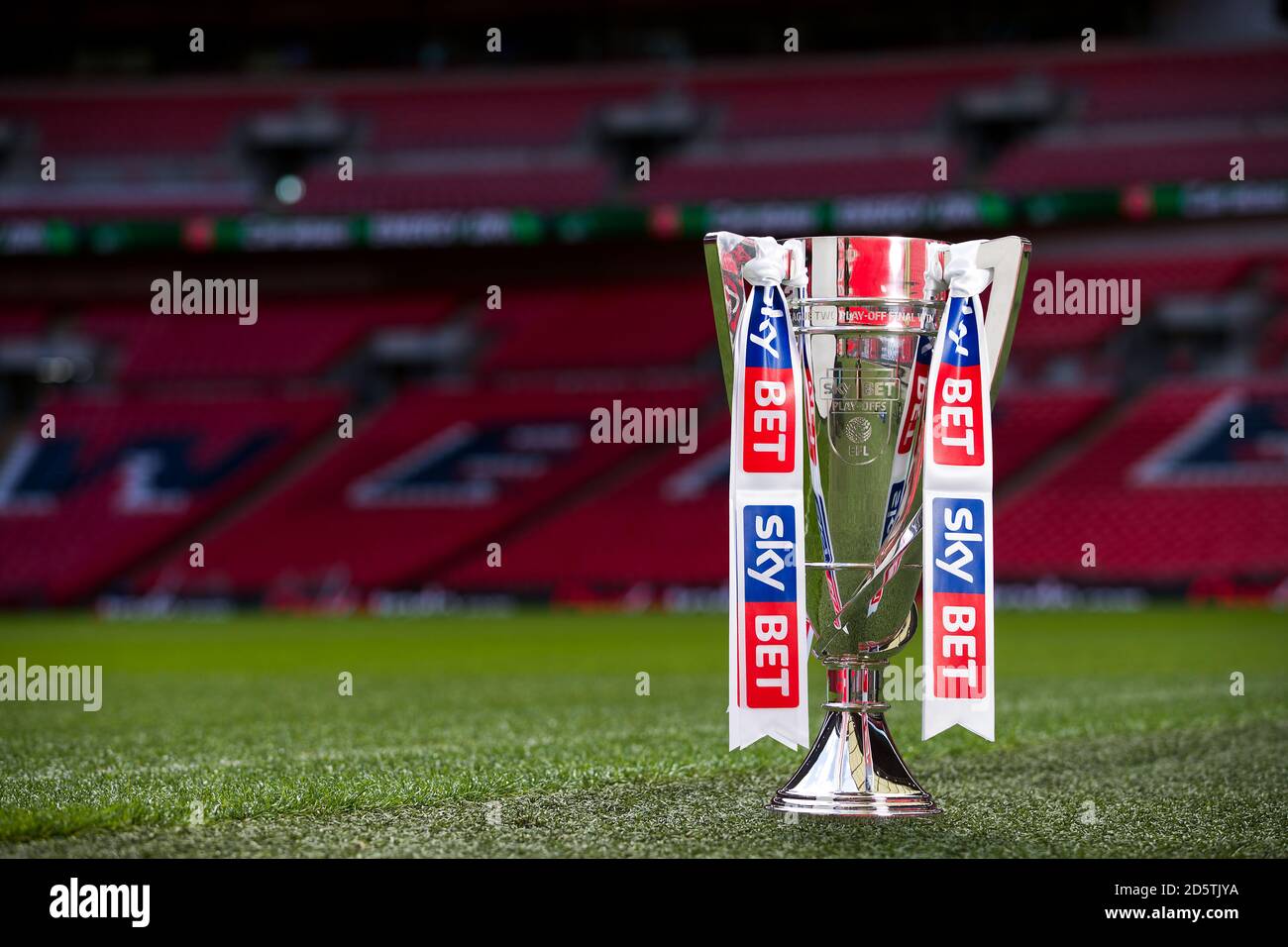 The EFL Sky Bet championship play off final trophy and ball displayed ...