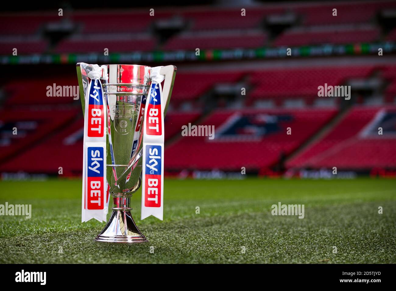 The EFL Sky Bet championship play off final trophy and ball displayed ...