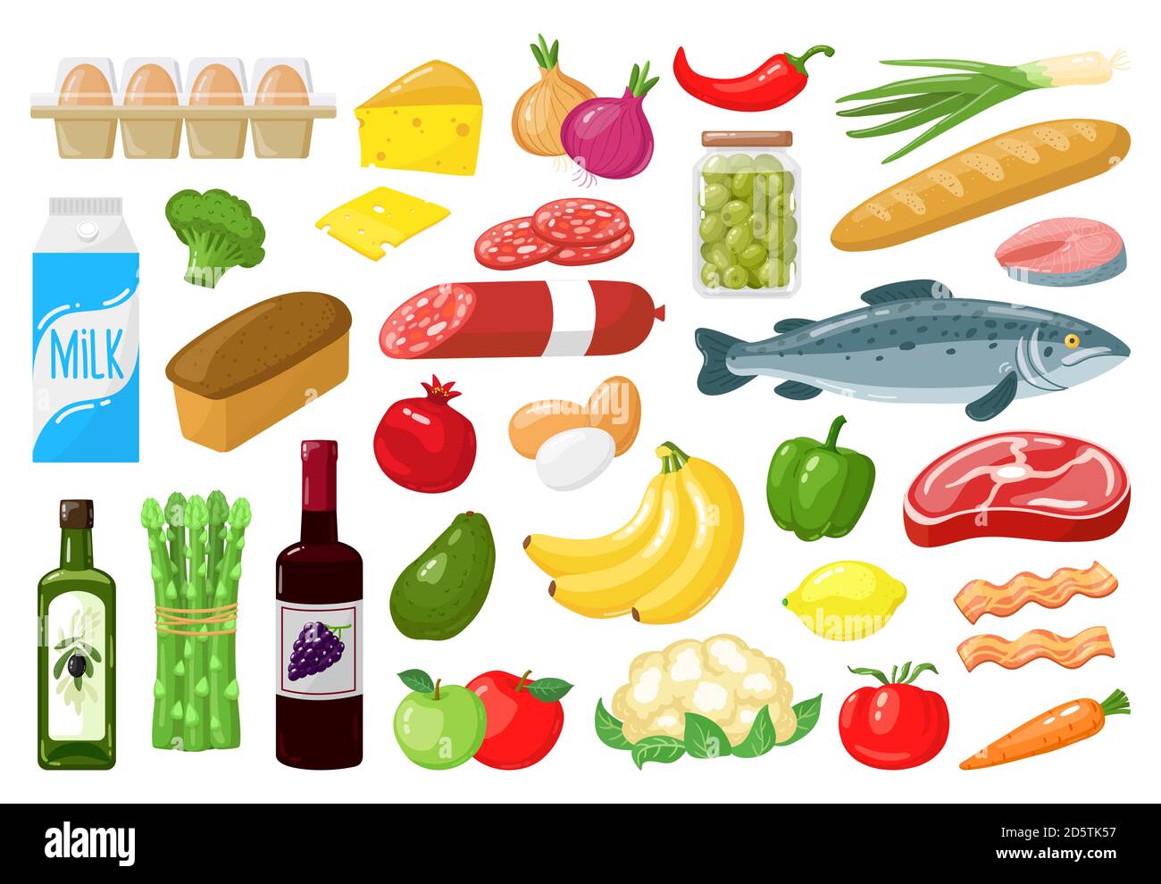 Grocery products. Food shopping vegetables, milk, meat, bread, cheese ...