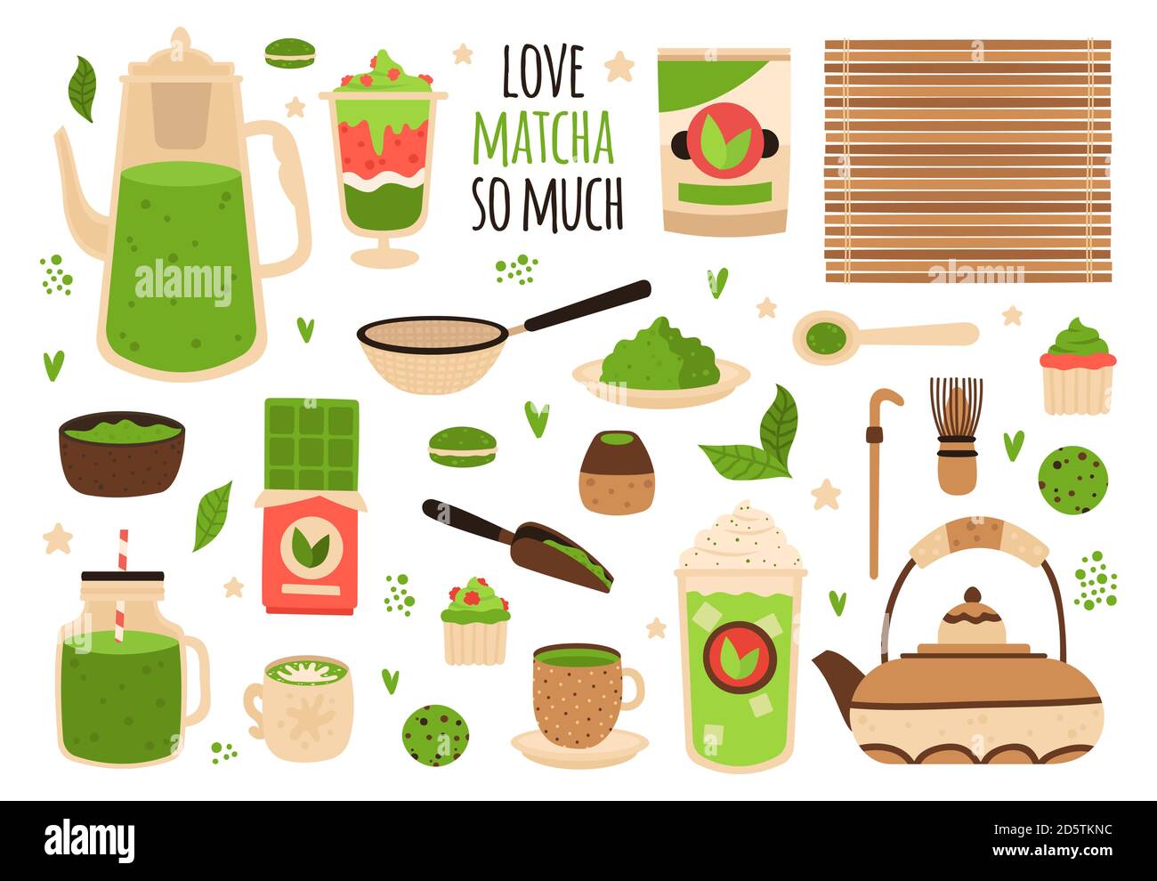 Matcha tea. Matcha powder, tea pot, sweets and matcha pastry, healthy ...