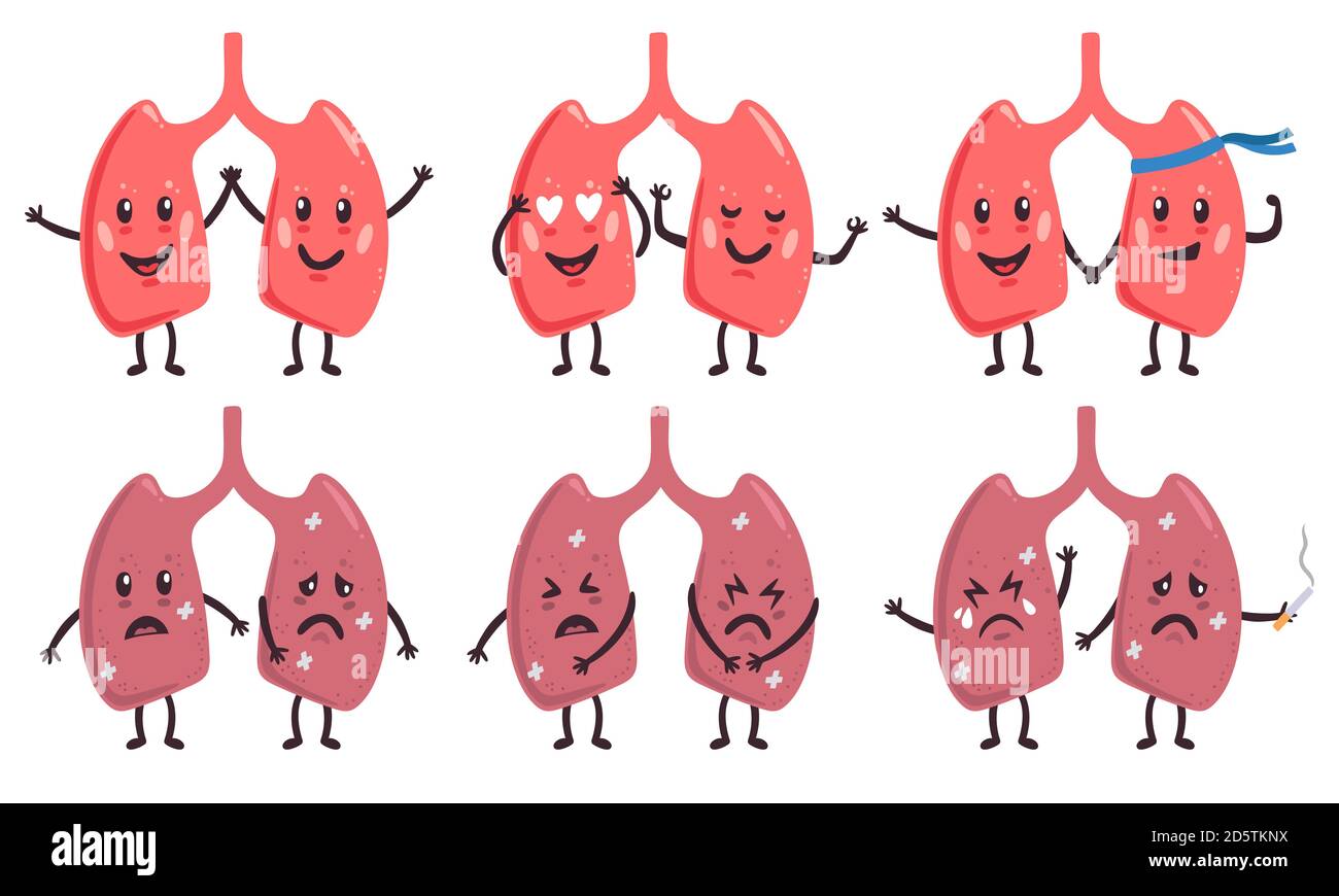 Cute lungs characters. Healthy and unhealthy medicine human organs ...