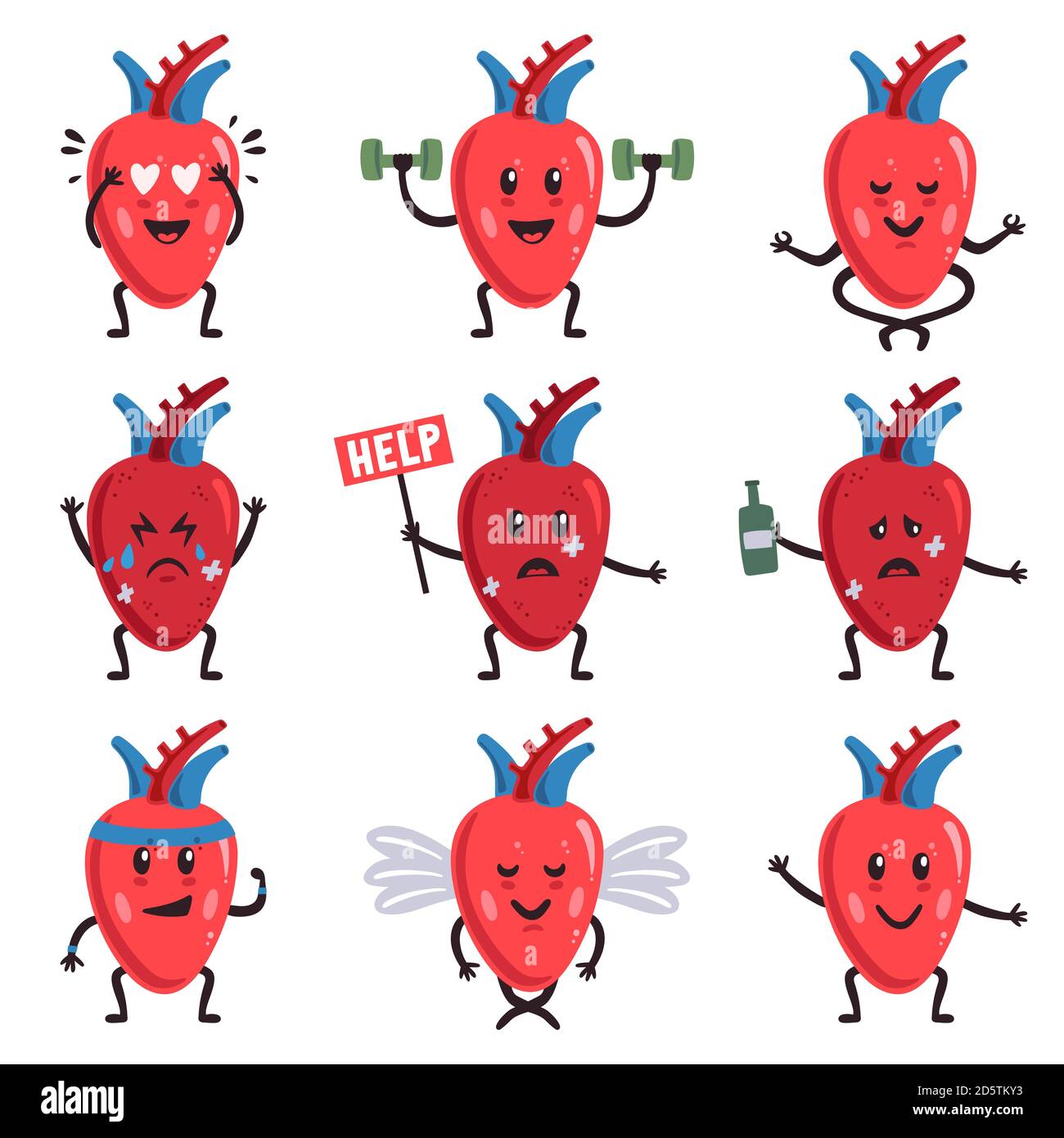 Cute heart characters. Healthy and sick unhealthy cute heart characters, medical human organ ...