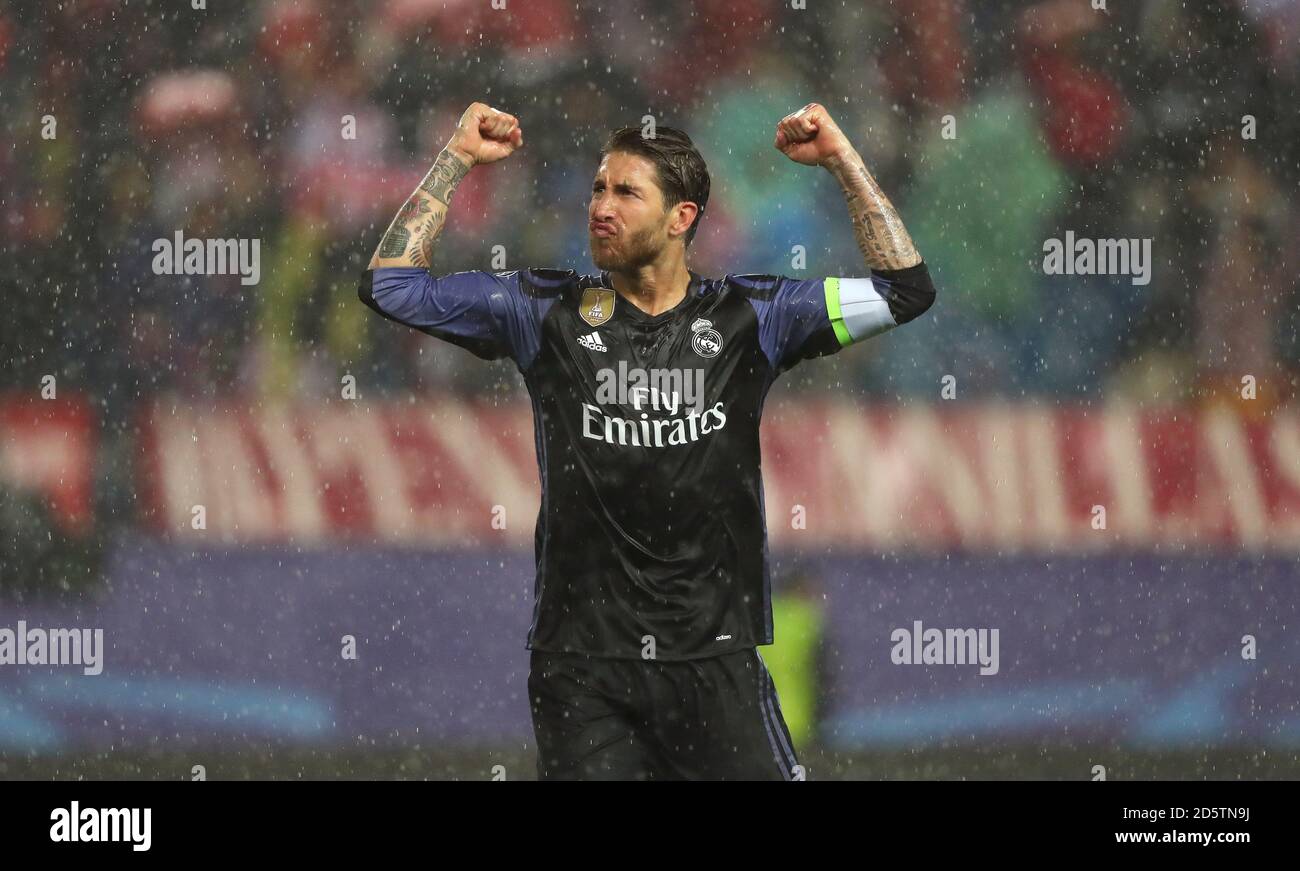 Real Madrid's Sergio Ramos celebrates in the rain after the game Stock ...
