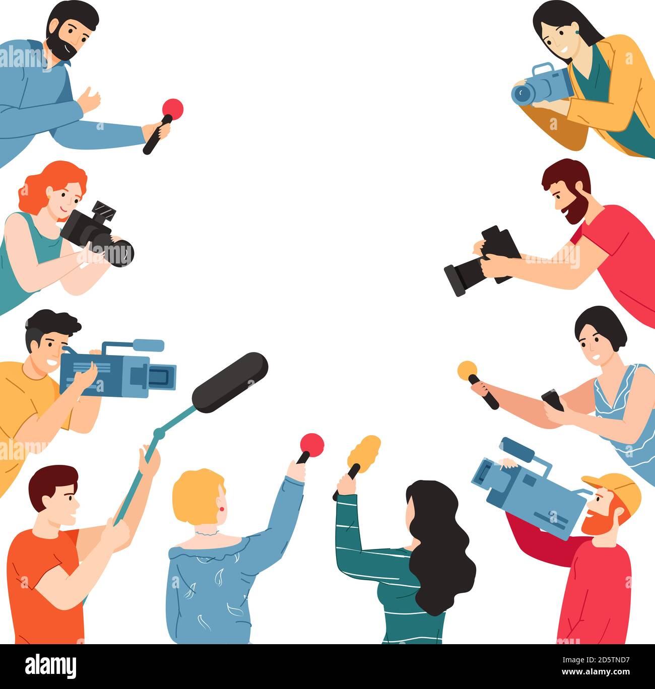 Press conference. Journalist characters with microphone, camera and ...