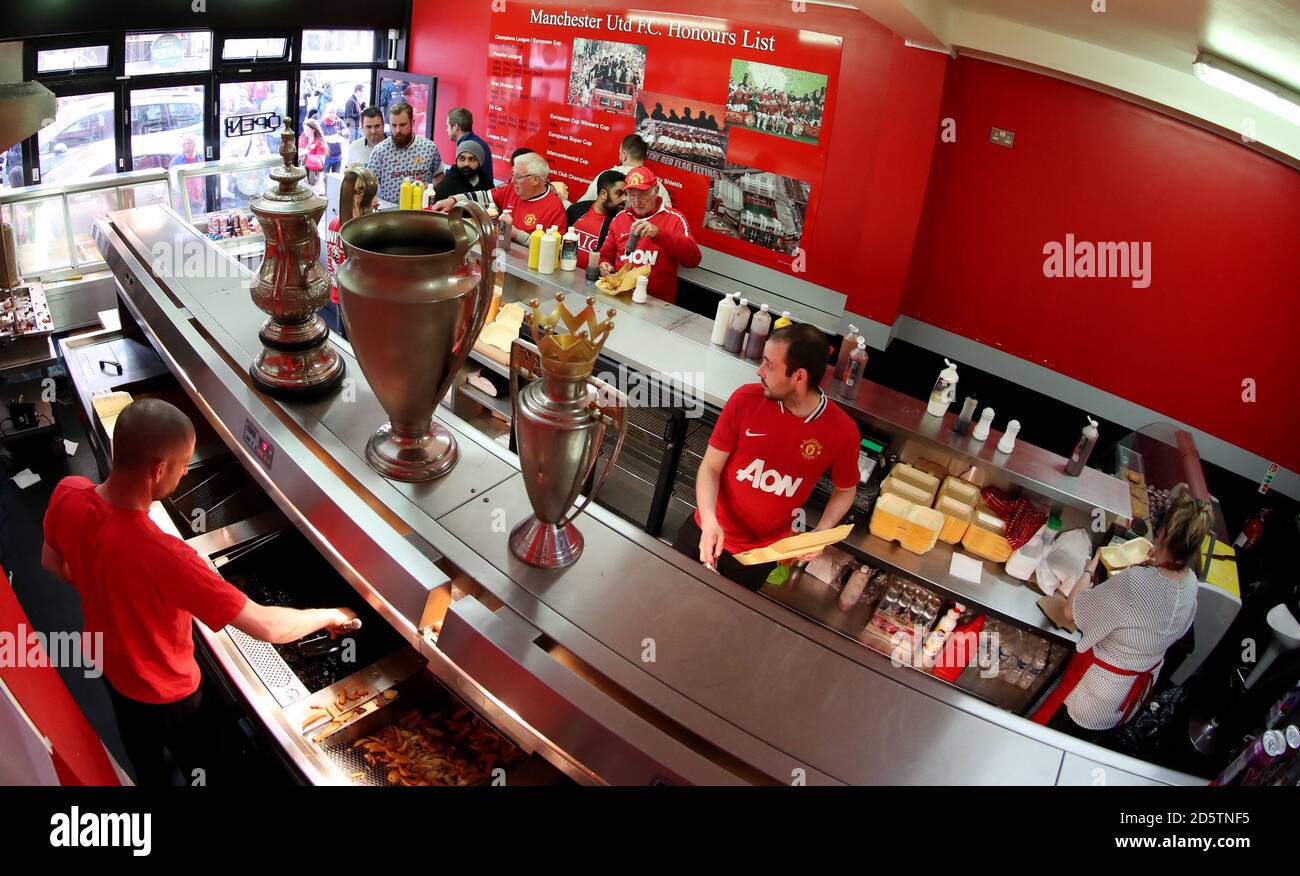 Inside 'The Original United Chippy' near Old Trafford Stock Photo - Alamy