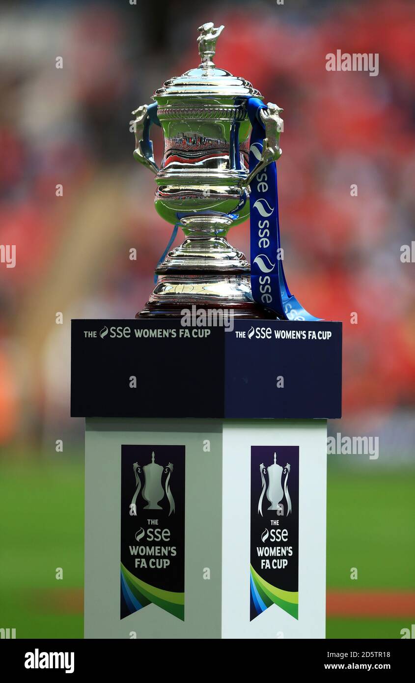A view of the SSE Women's FA Cup trophy on a plinth before the game ...