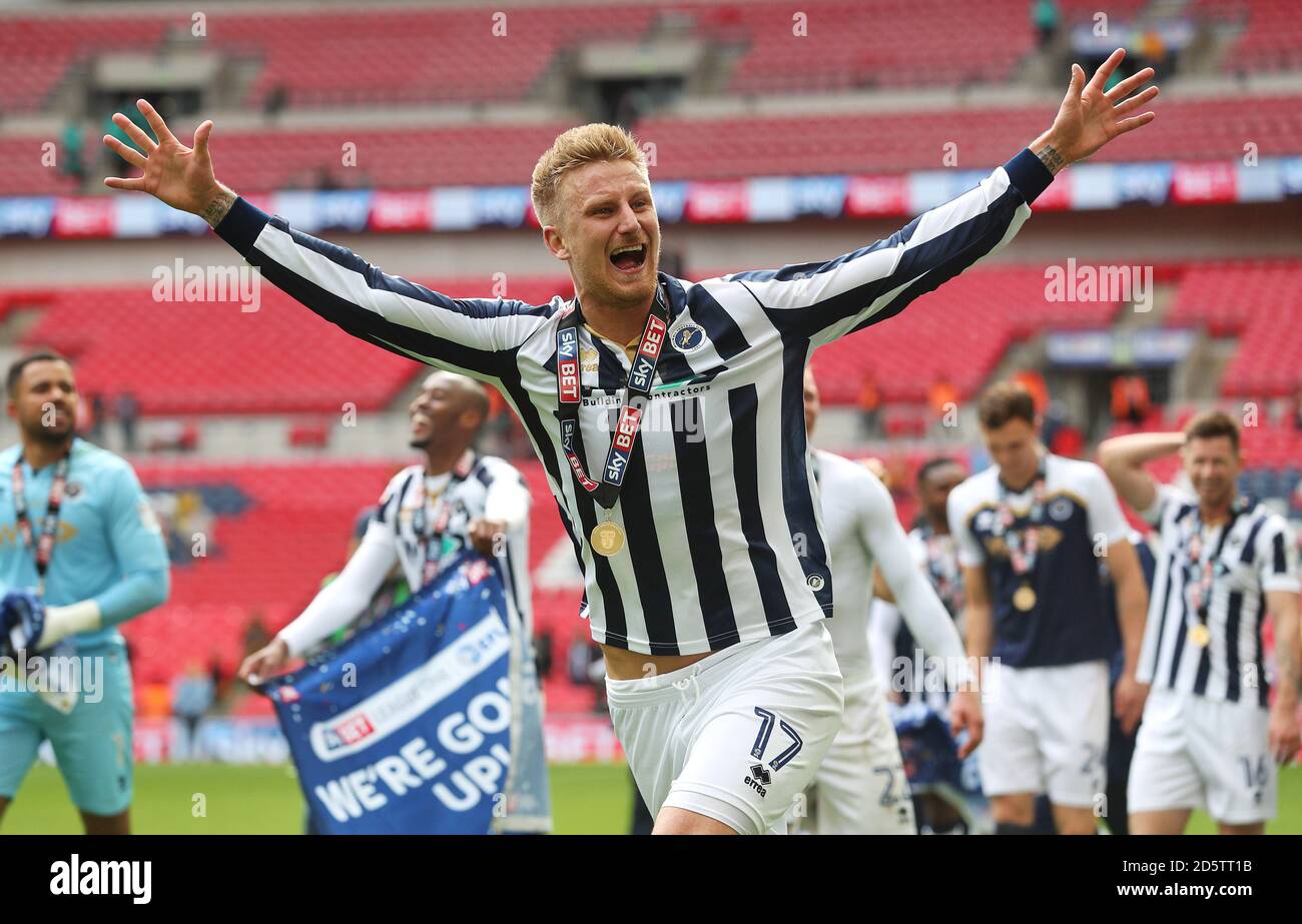 Millwall's Byron Webster celebrates on the pitch after the game Stock ...